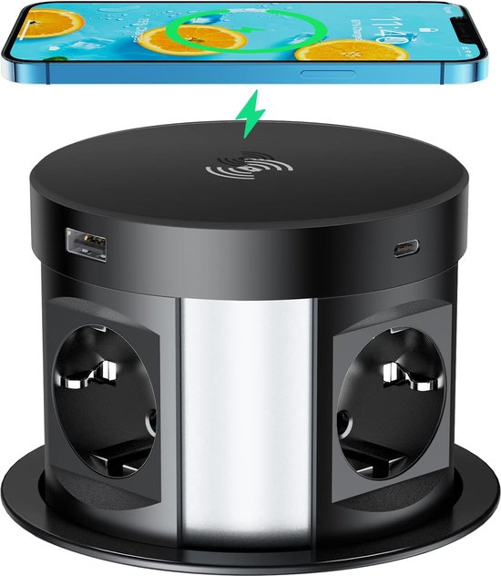 - 2 USB C 4-Way Table Socket Desk with QI Wireless Charging Retractable ...