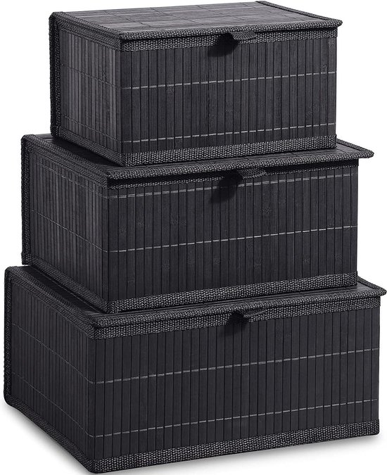 Honygebia Zwarte Opbergmand met Deksel - Bamboe Opbergbakken - Set van ...