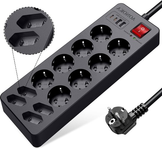 Stekkerdoos met USB C 12-voudig Overspanningsbeveiliging 1700 Joule 12 ...