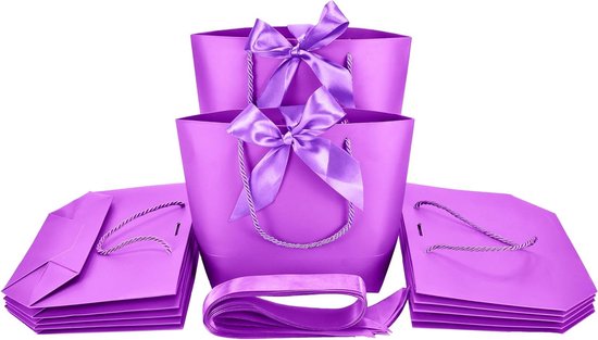 Paarse papieren geschenkzakjes met handgrepen en striklint - 12 stuks ...