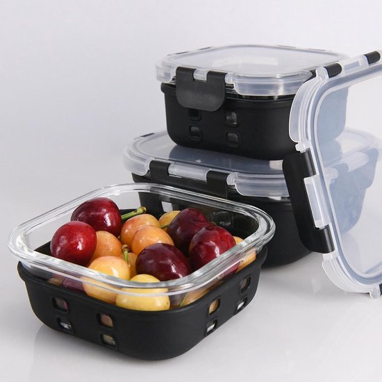 3-Piece Square Glass Lunch Box Set - Airtight and Leak-Proof - Kitchen ...