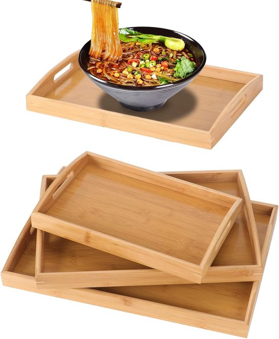 Bamboe Dienblad met Handvatten - 3 Size Voedsel Trays - Eten Ontbijt ...