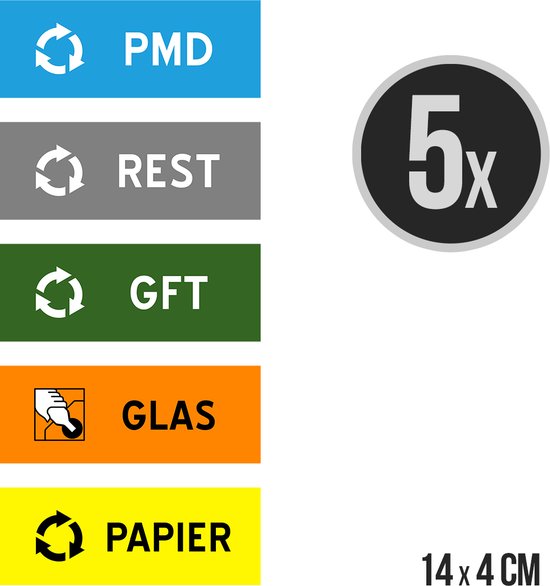 Set vuilnis sorteer stickers | GFT/ PMD/ Glas/ Papier/ Rest | 14x 4 cm ...