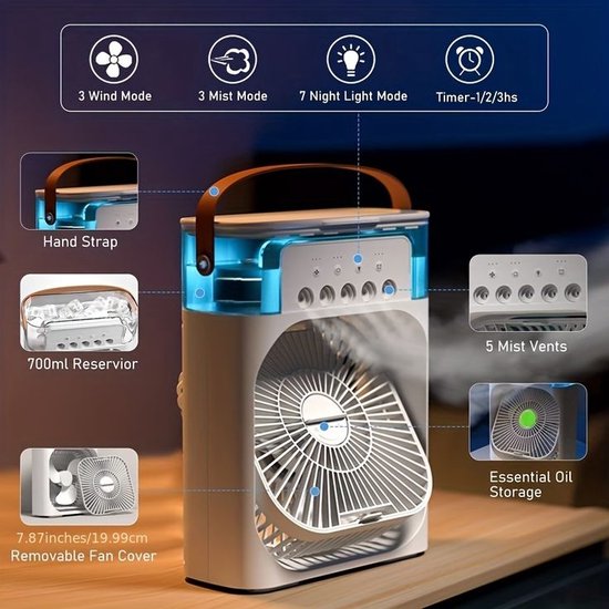 Mini Cooling Fan - Ventilator, luchtbevochtiger, LED nachtlampje ...