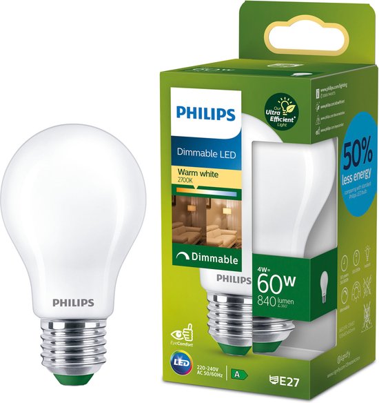 Philips Ultra Efficient LED lamp Mat - 60 W - E27 - Dimbaar warmwit licht - Energielabel A | bol