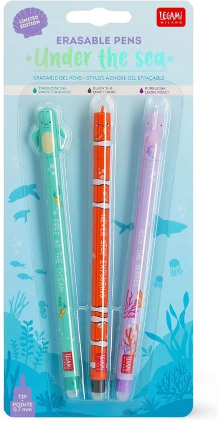 SET OF 3 ERASABLE GEL PENS - UNDER THE SEA - SEA TURTLE + CLOWNFISH ...
