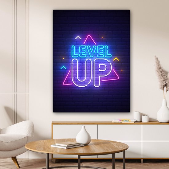 Canvas schilderij 90x120 cm - Wanddecoratie Gaming - Neon - Level Up ...