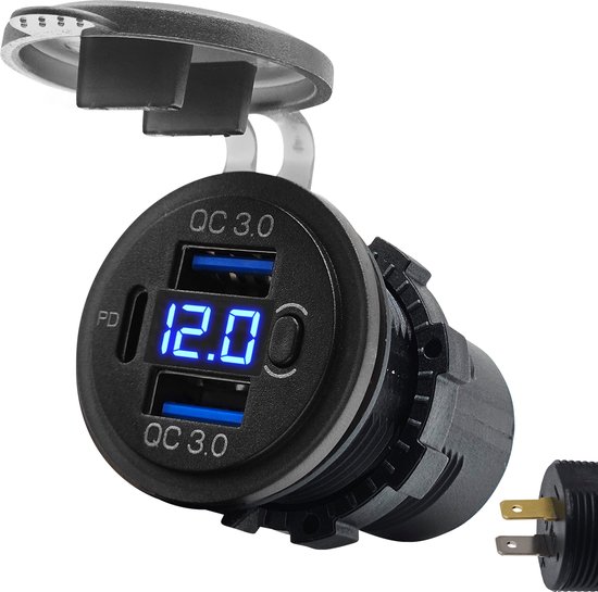 12V USB C Autolader 3 Poorten Inbouw met Schakelaar/Voltmeter - QC3.0 ...