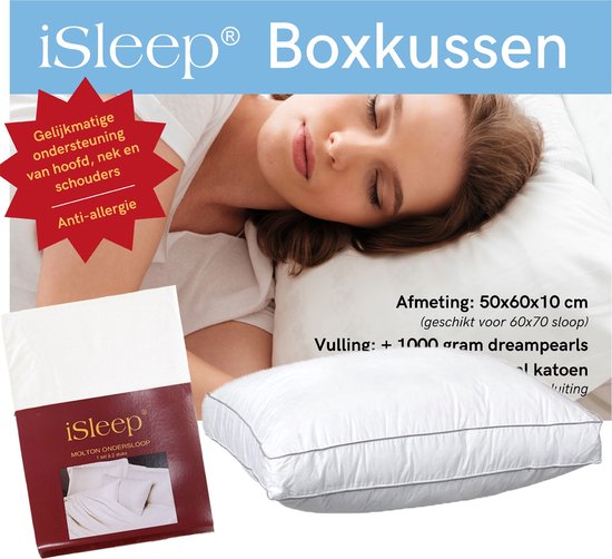 iSleep Boxkussen Set ( 1 Kussen + 1 iSleep Moltonsloop) - Dreampearls - 50x60x10 cm - Wit | bol