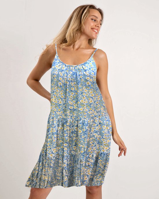 Dames Zomerjurken | Strandjurken | lichtblauw-Wit | Bloemen | Maat S | bol