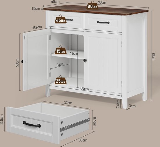 Bealife Dressoir, Zijkast, Keukenkast met open rekken, halkast, 2 ...