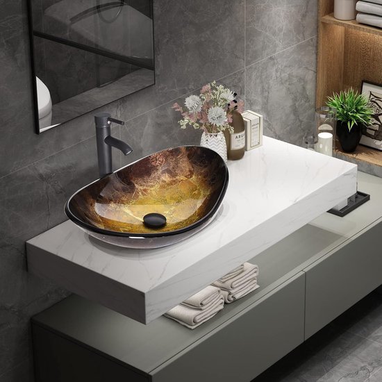 Glazen waskom opbouw rood bruin glas met design Waterkraan | bol