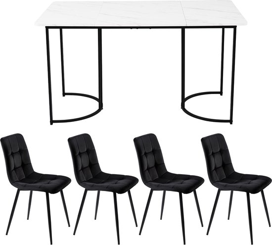 Merax Eetkamerset 5-delig – Wit Marmerlook Eettafel en 4 Zwarte Velvet ...