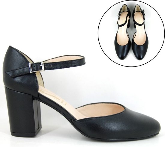 Stravers - Zwarte Leren Pumps met Bandje en Blokhak Kleine Maten Hakken ...