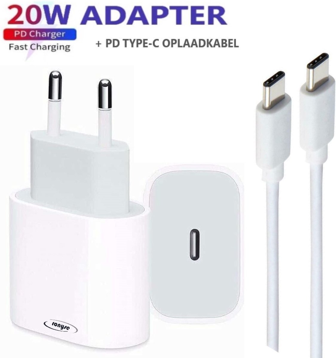 PD 20W Adapter met USB-C Kabel - 1 Meter - Wit - Oplader & Oplaadkabel ...