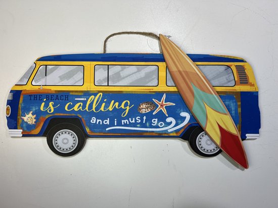 Retro Bus bord met surfplank the beach is calling ! surf bus | bol