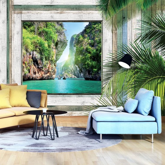 Fotobehang - Vlies Behang - 3D Uitzicht op de Zee en de Bergen - 254 x ...