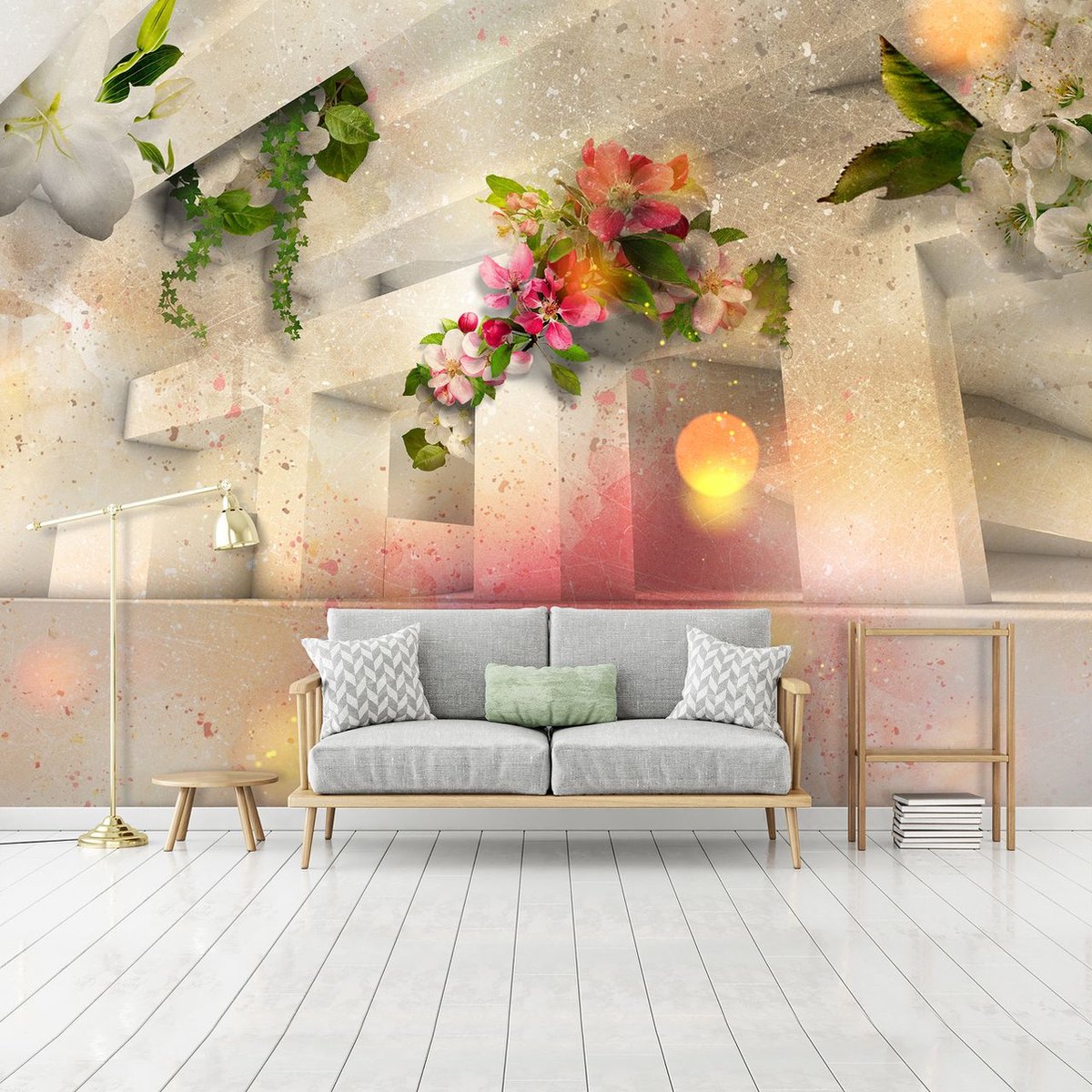Fotobehang - Vlies Behang - Bloemen in een Moderne 3D Ruimte - 254 x ...