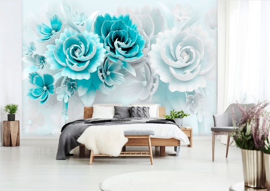 Fotobehang - Vlies Behang - Turquoise Rozen en Bloemen van Keramiek ...