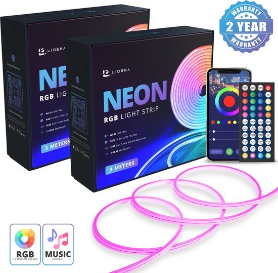 Lideka® - RGB Neon LED Strip 6 Meter (2 sets van 3m) - IP68 Voor Buiten - Met App En... | bol.com