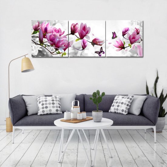 Allernieuwste.nl® SET van 3 st Canvas Schilderij * Magnolia Bloemen met Vlinders * -... | bol