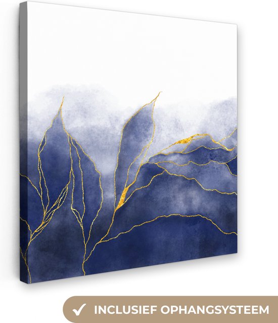Canvas Schilderij Marmer - Blauw - Marmerlook - Goud - Textuur - 20x20 cm - Wanddecoratie | bol