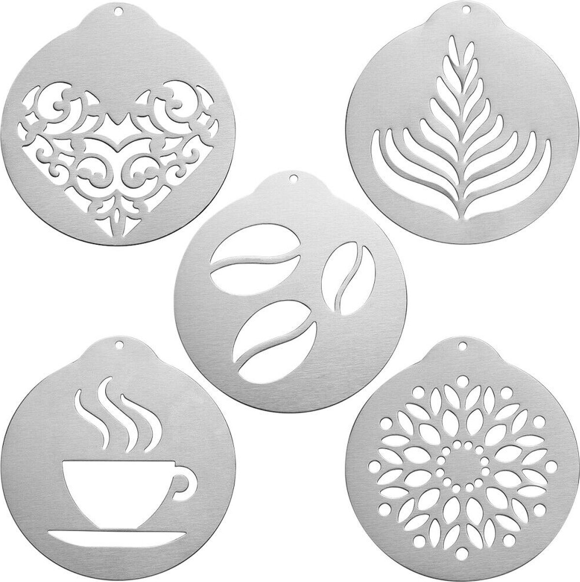 5 Stuks - RVS Coffee Stencils - Koffie Sjablonen - Cappuccino Vormen ...