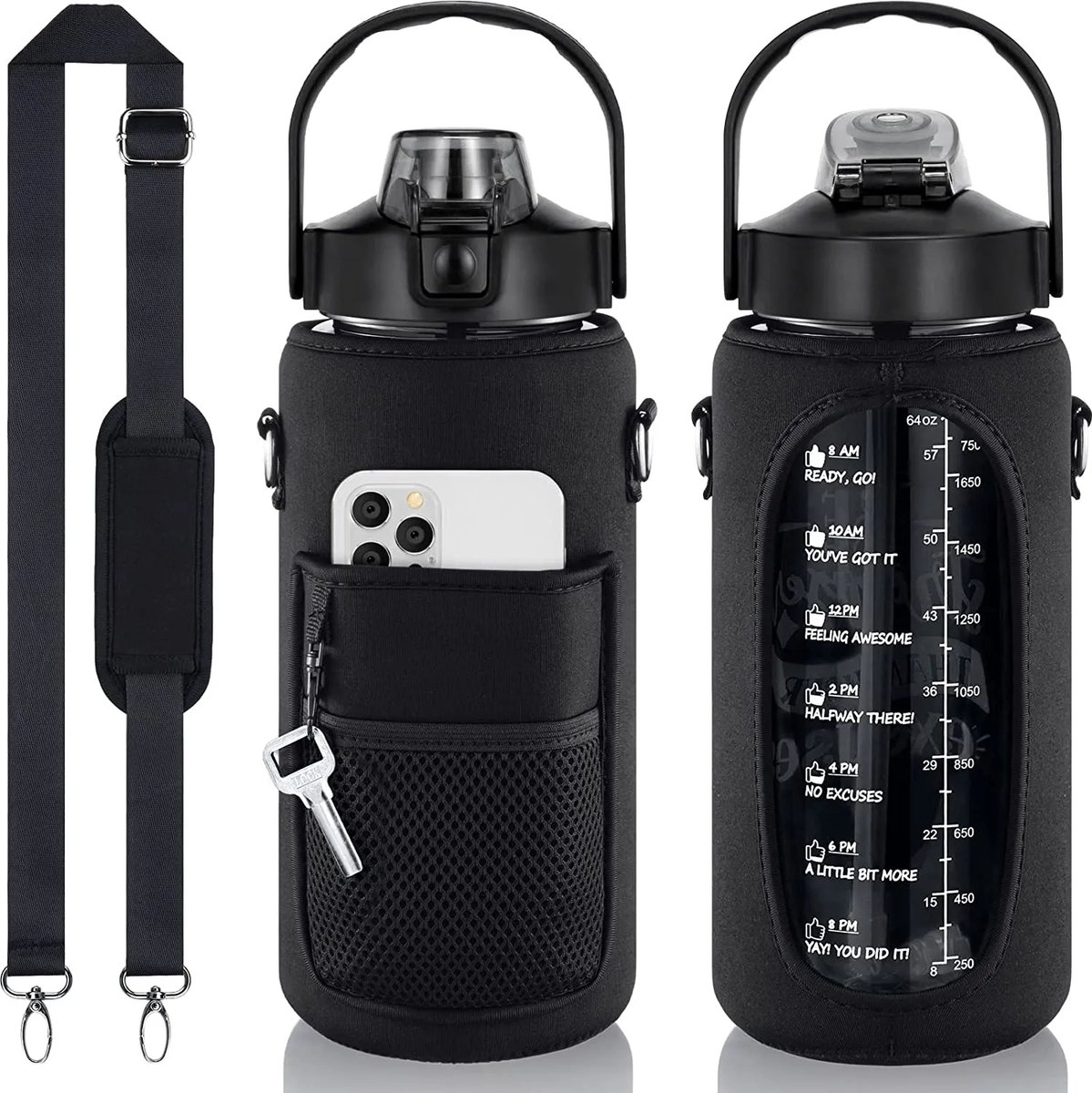 PTTP Waterfles 2 liter MET tas zwart - waterfles met rietje - Drinkfles ...