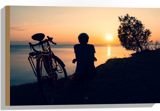 Hout - Silhouet van Rustende Fietser met Fiets aan het Water bij ...