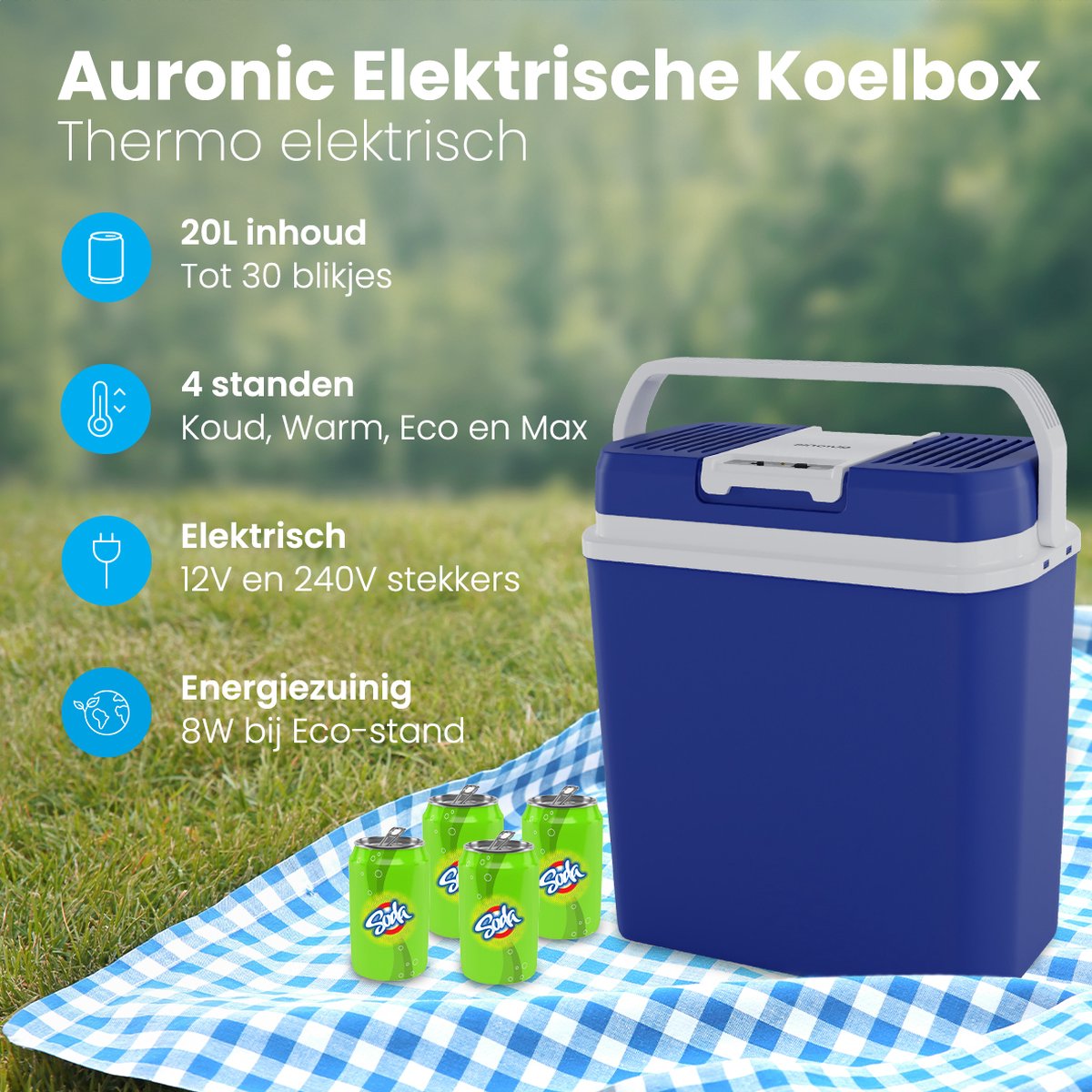 Auronic Elektrische Koelbox - Coolbox - Koelen en Verwarmen - 20L - 12V en 240V - Blauw | bol.