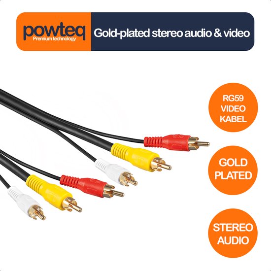 Powteq Premium - Gold-plated - 5 meter - 3 x RCA/Tulp - Stereo audio - RG59 video -... | bol