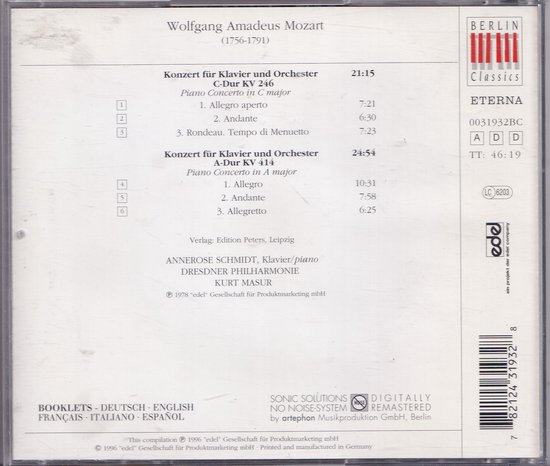 Piano Concertos Nos. 8 en 12 - Wolfgang Amadeus Mozart - Annerose Schmidt, Dresdner... | bol