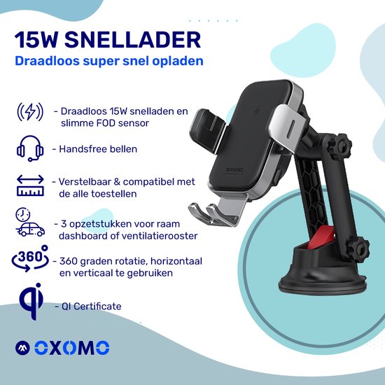 Oxomo Premium Telefoonhouder met Draadloos opladen Auto - 15W snellader ...