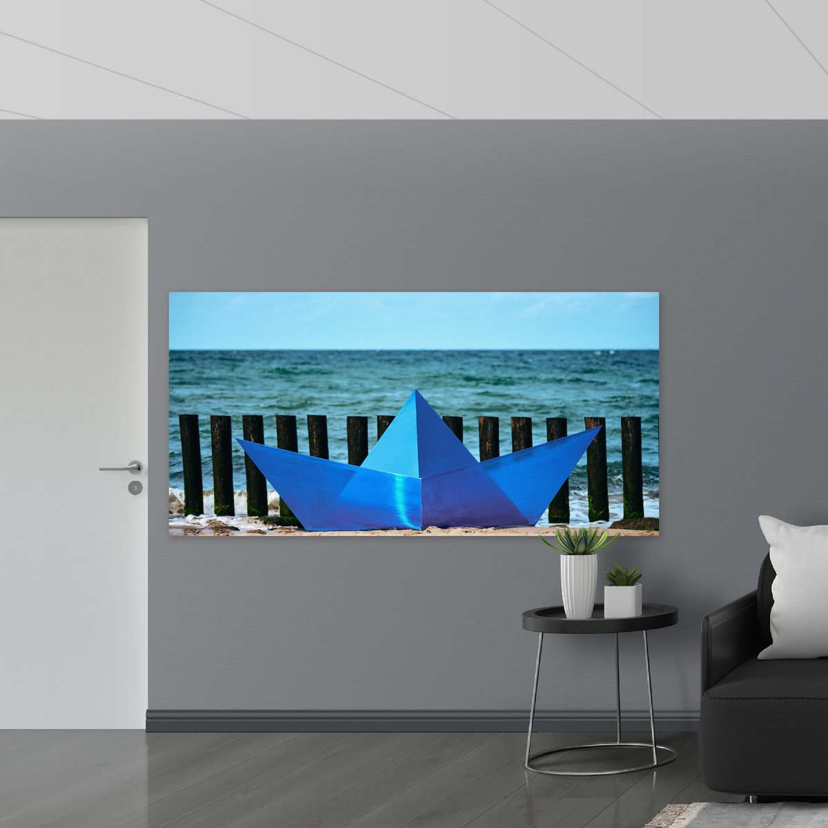 Vlag - Blauwe Orgami Boot Gestrand op het Strand aan de Zee - 200x100 ...