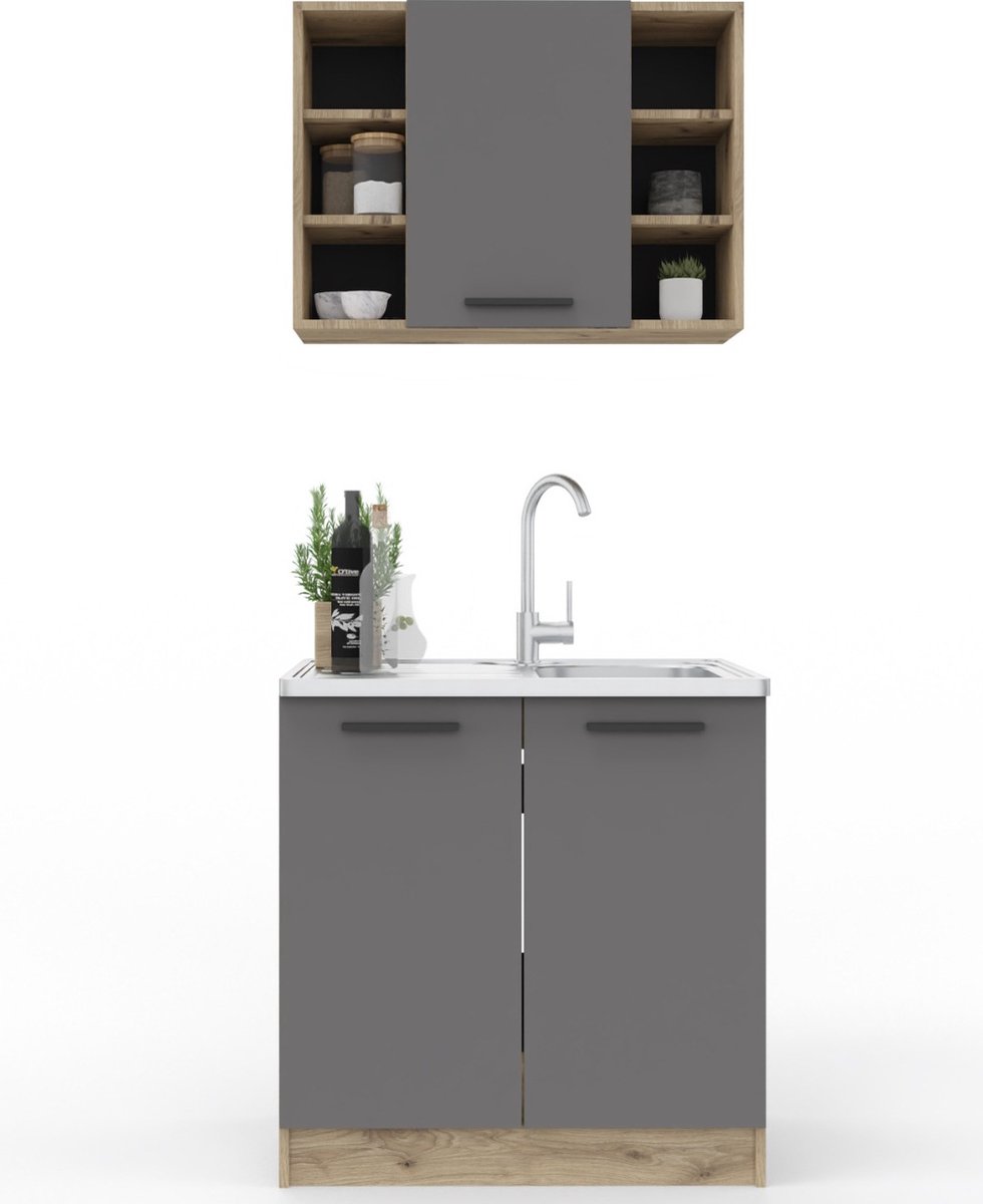Kleine Keuken Antraciet Eiken - 80cm – Mini Keukenblok – Kitchenette ...
