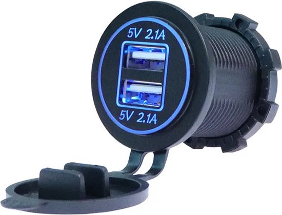 Dual USB stopcontact - 12V/24V - 2x 2.1A/5V - Blauw - Auto/Boot/Camper ...