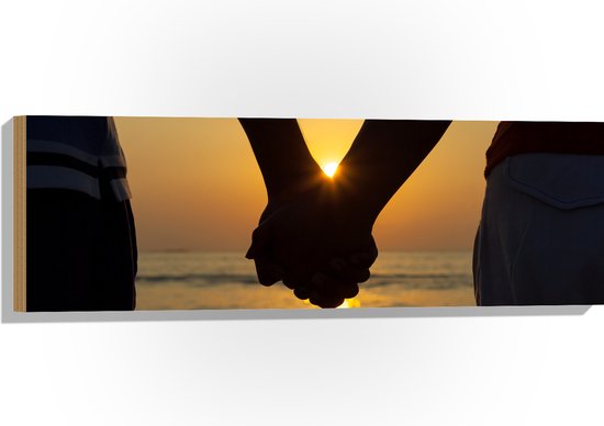 Hout - Koppel Hand in Hand bij Zonsondergang in de Zee - 90x30 cm - 9 ...