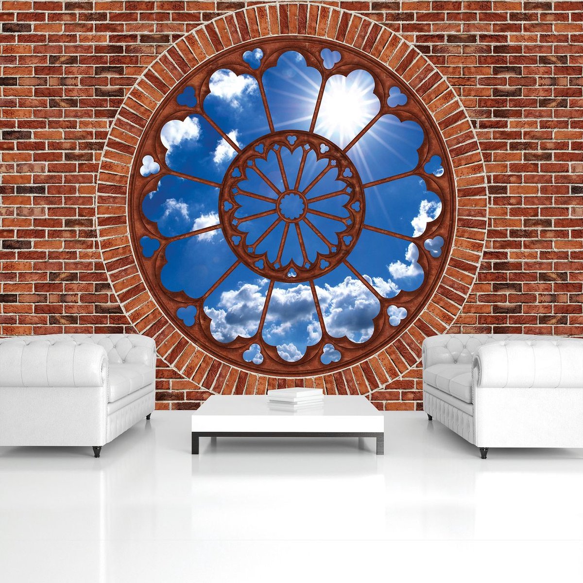 Fotobehang - Vlies Behang - 3D Uitzicht op de Wolken en Zon door Rond ...