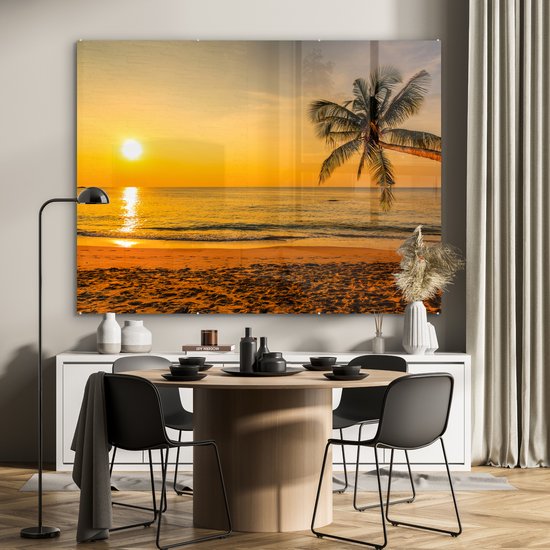 Glasschilderij - Kamer decoratie - Palmboom - Zee - Zon - Strand - Foto op glas -... | bol