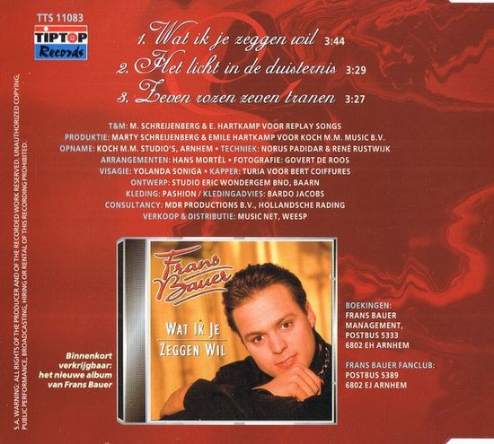 Frans Bauer - Wat Ik Je Zeggen Wil (3 Track CDSingle), Frans Bauer ...