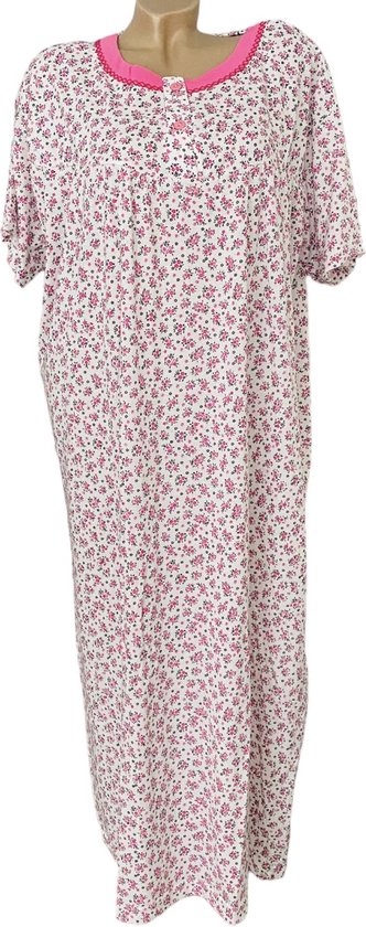 Dames Katoenen Nachthemd 130cm Grote Maten 2704 Bloemenprint 4xl Wit