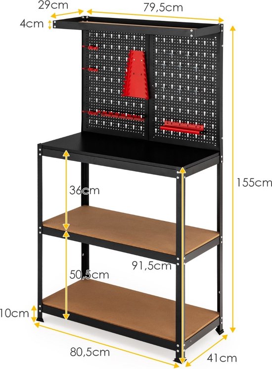 Coast Gereedschapsopslag Werkbank met Ophangbord & 2 Onderste Planken - 81 x 41 x 155 cm | bol.com