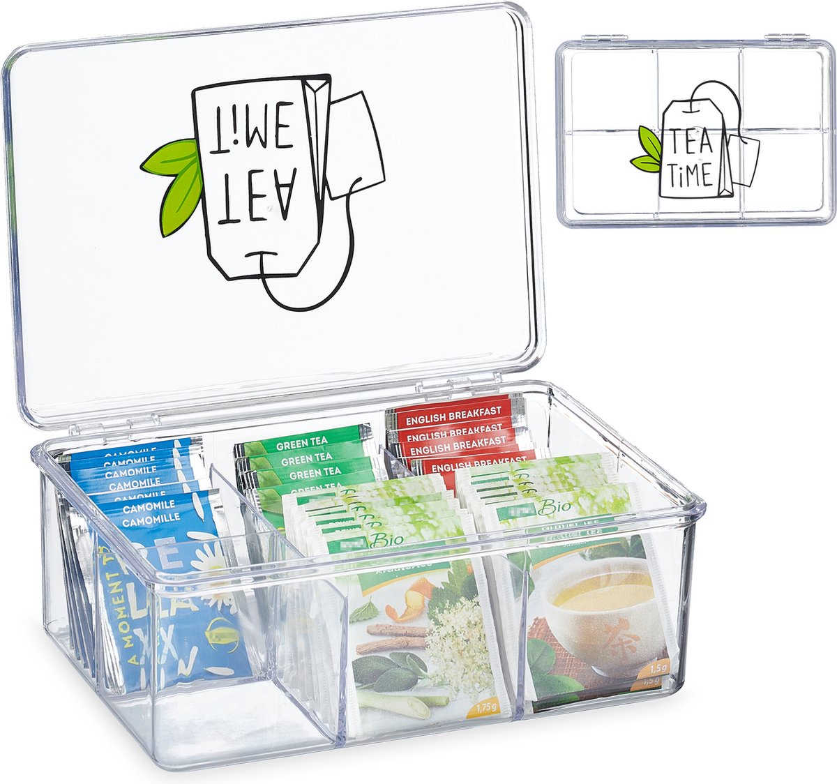 Relaxdays theedoos met 6 vakken - doorzichtige theekist - rechthoekige ...