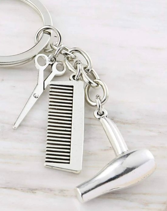 Zilveren sleutelhanger voor kappers - Schaar, Kam en Fohn sleutelhanger ...