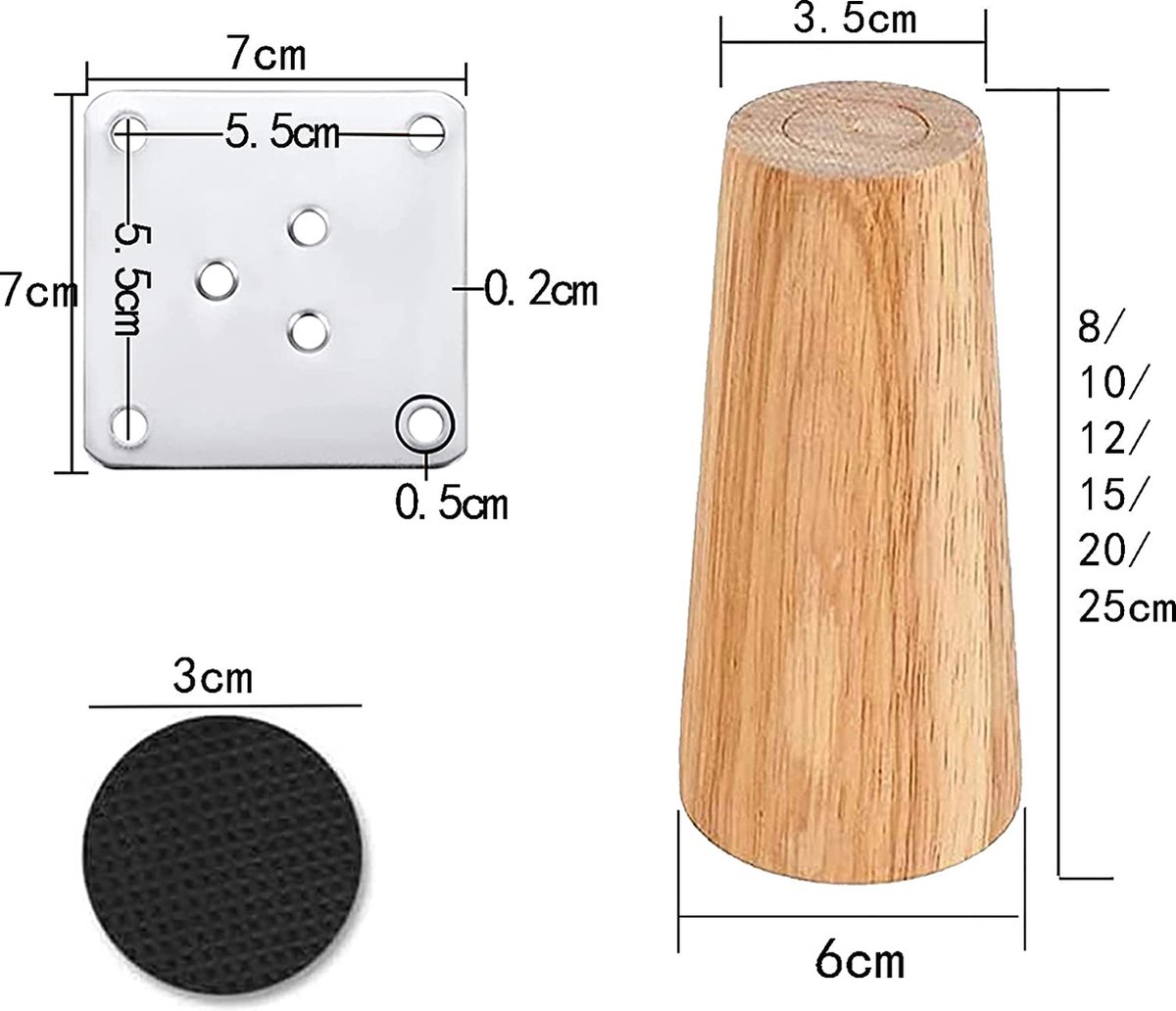 Set van 4 massief houten conische meubelpoten - Eiken | 12 cm ...
