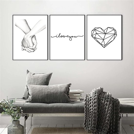 3-delige premium posterset, hand in hand, lijn liefde, modern, Zwart, wit, liefde,... | bol