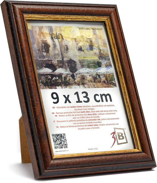 Houten fotolijst 9x13 cm rustiek donkerbruin met gouden accenten | bol