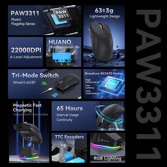 ATTACK SHARK X11 - RGB Gaming Muis - Magnetisch Oplaaddock - PAW 3311 ...