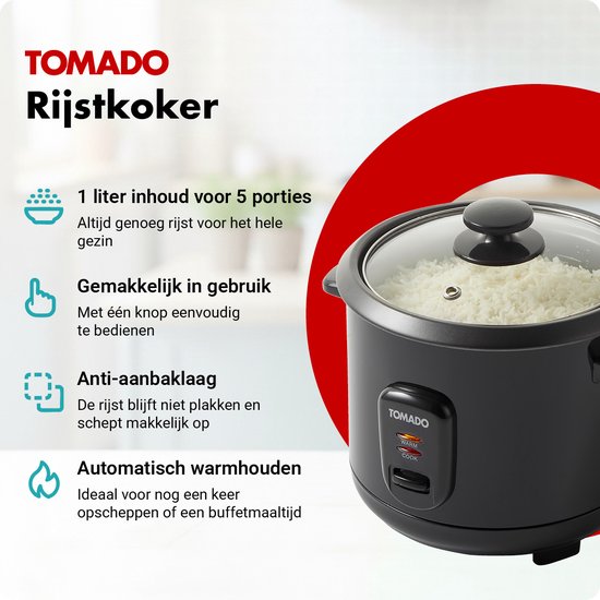 Tomado TRC1001B - Rijstkoker - Inhoud 1 liter - Warmhoudfunctie - 5 ...