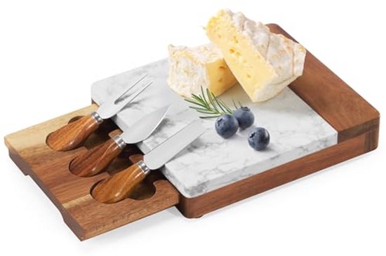 Elegante Kaasplank van Acaciahout met Marmeren Oppervlak en Messen Set ...